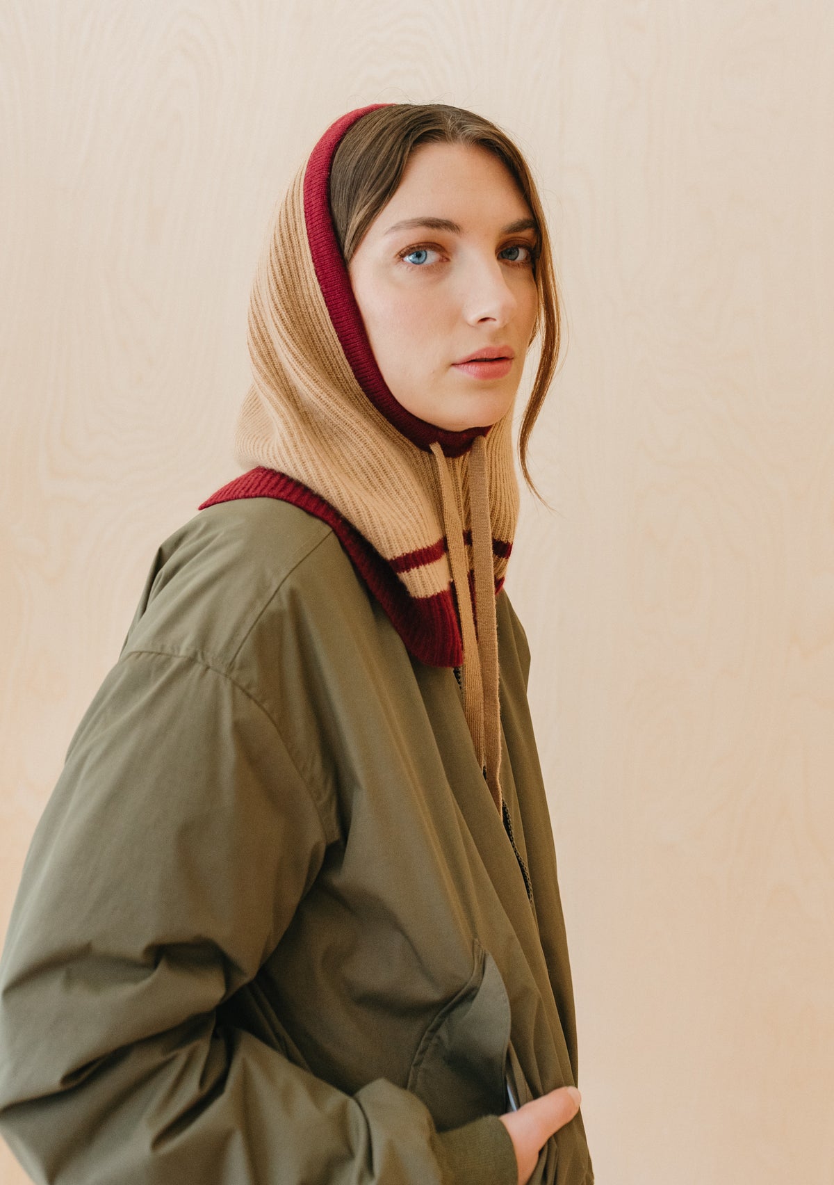 Merino Hood in Camel & Red – TBCo